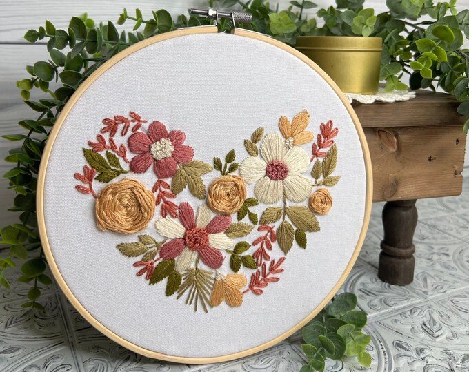 Finished BOHO Floral Heart Embroidered Hoop, Wall Hanging, Hand ...