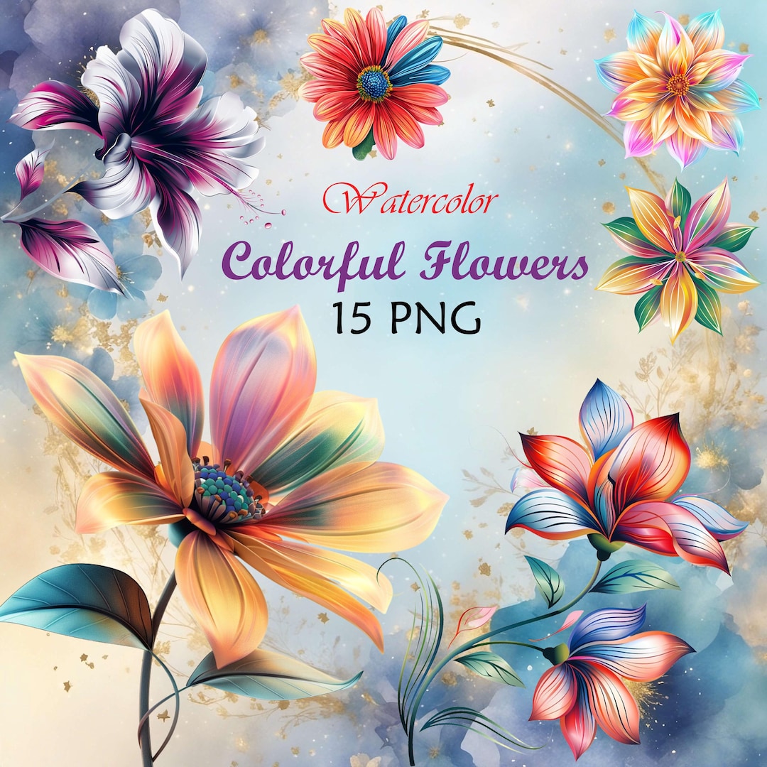 Colorful Spring Flowers Clipart, Watercolor Flower PNG, Printable DIY ...