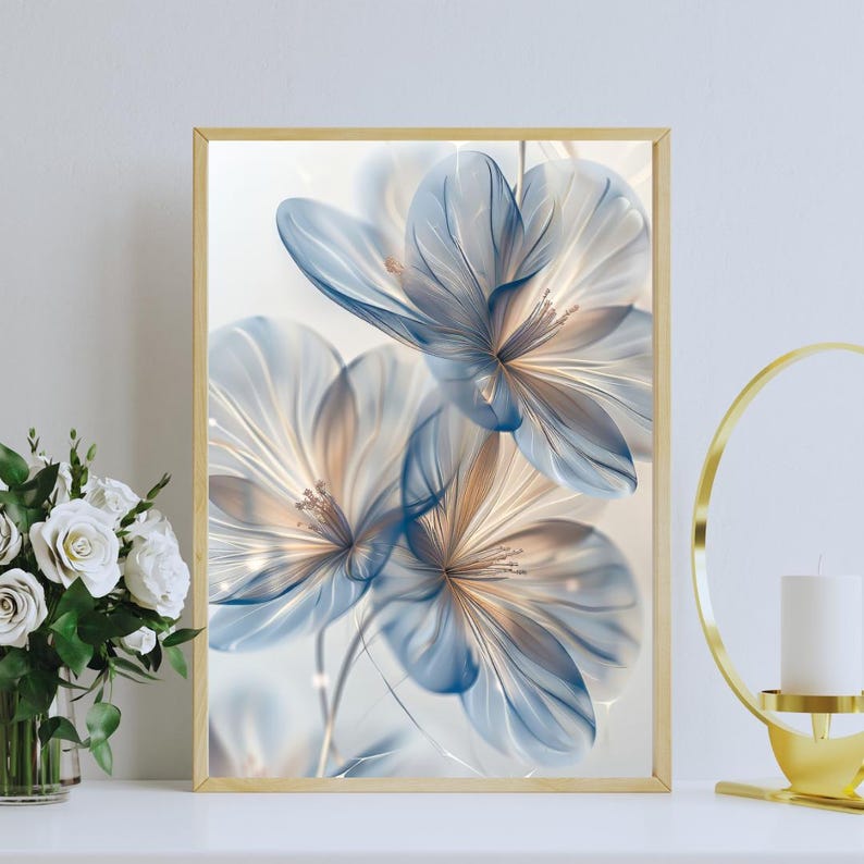 Delicate Abstract Blue Flower Art Print | Minimalist Abstract Floral ...