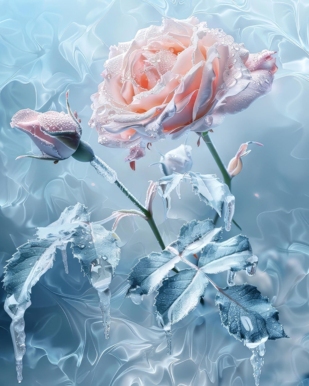 Frozen Elegance: Printable Digital Artwork of an Icy Rose and Bud in ...