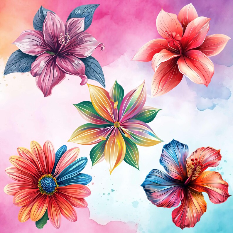 Colorful Spring Flowers Clipart, Watercolor Flower PNG, Printable DIY ...