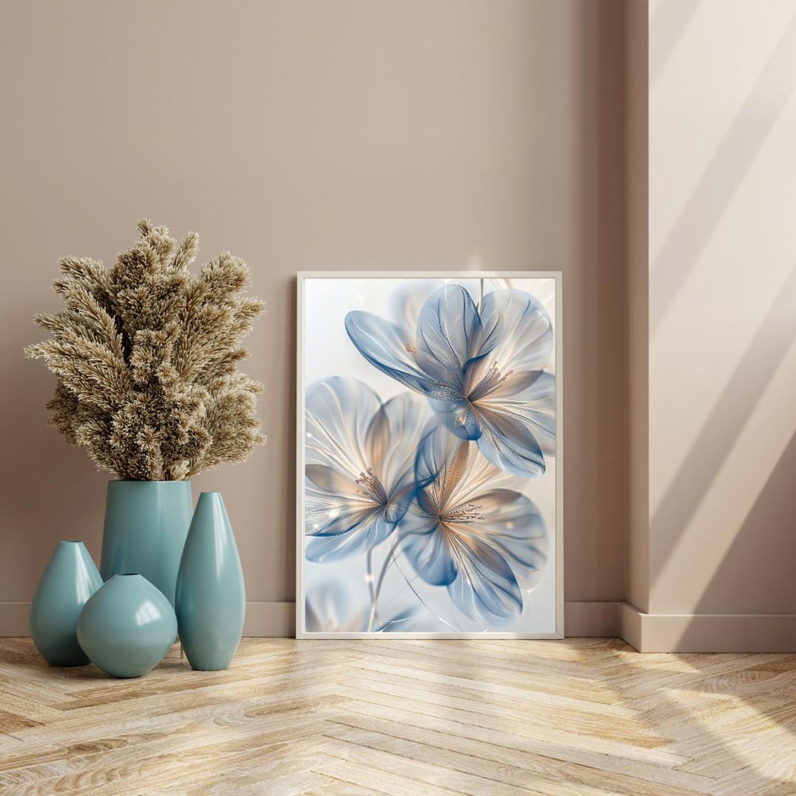 Delicate Abstract Blue Flower Art Print | Minimalist Abstract Floral ...
