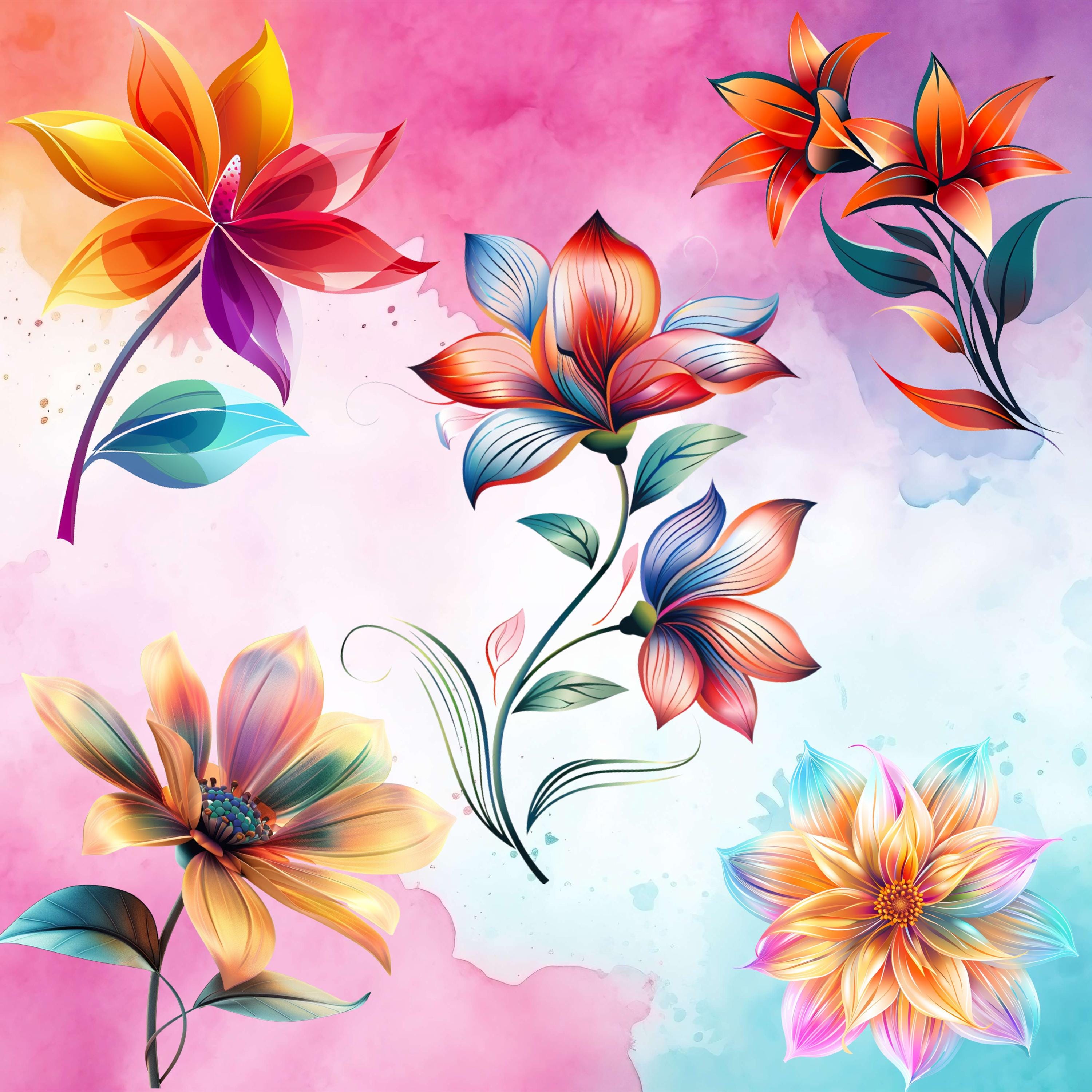 Colorful Spring Flowers Clipart, Watercolor Flower PNG, Printable DIY ...