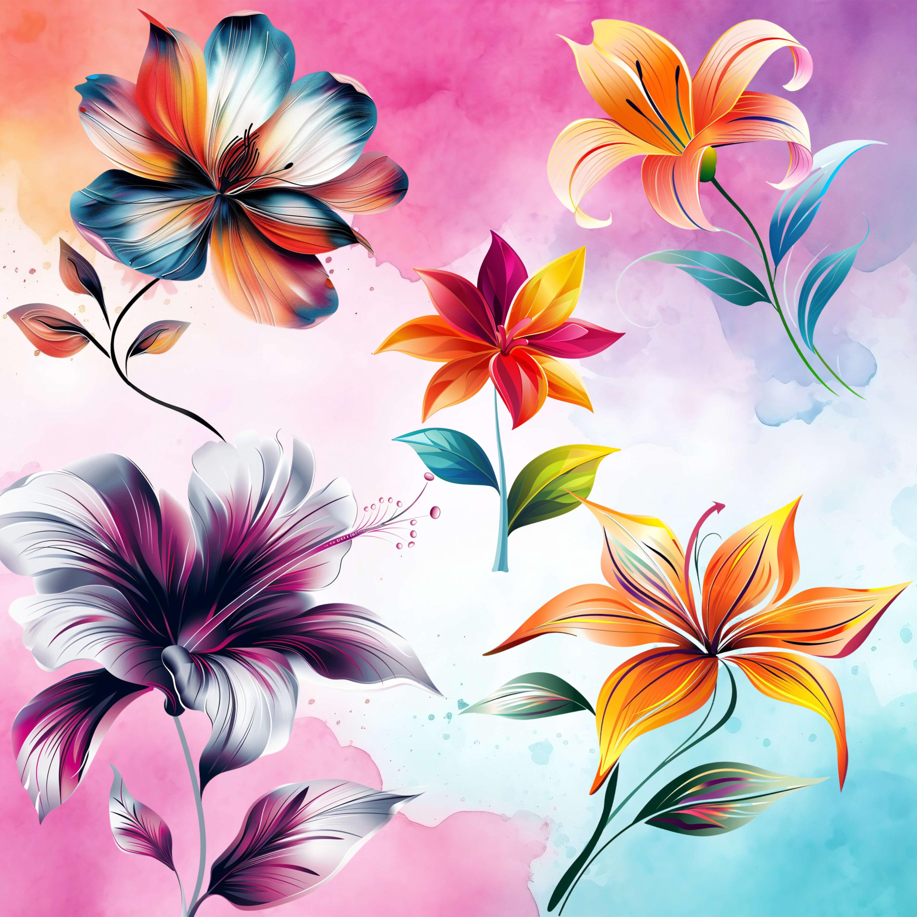 Colorful Spring Flowers Clipart, Watercolor Flower PNG, Printable DIY ...