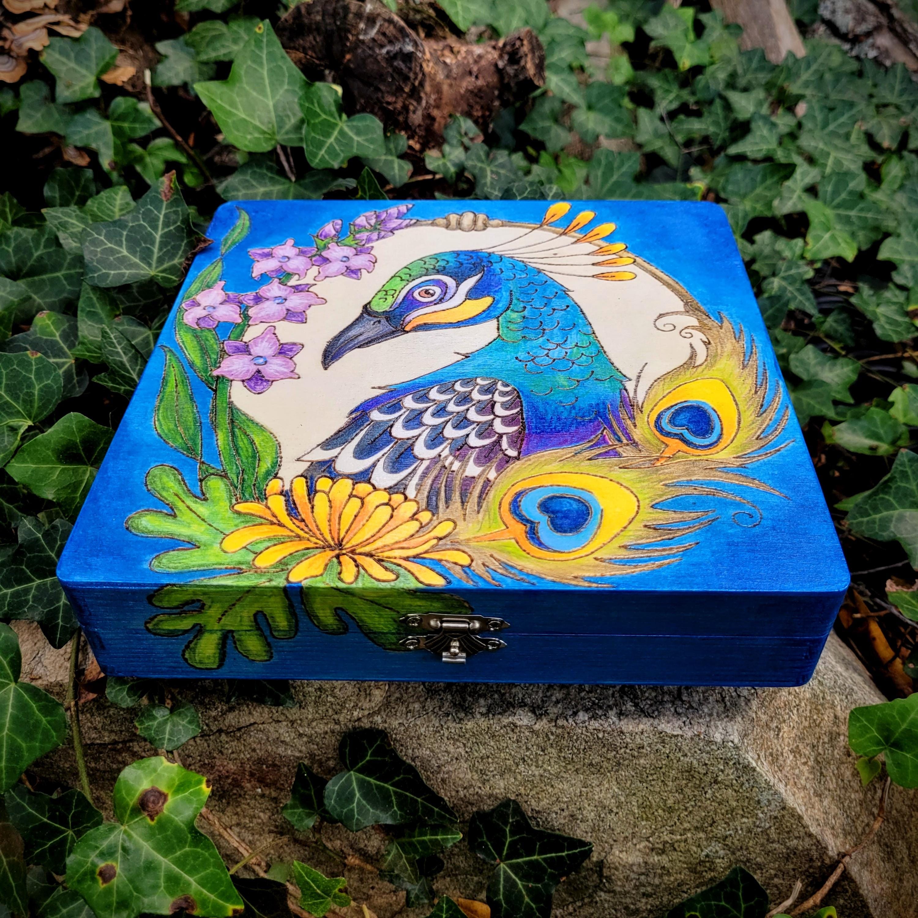 Peacock and Feathers Wood Burned Box: a Decorative Floral Box for Craft ...