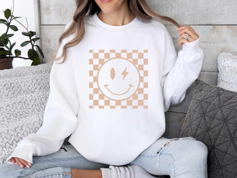 Checkered Happy Face Sweatshirt: Lightning Bolt Smiley Pullover - Etsy