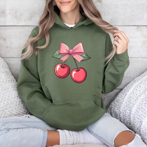 Cherry Bow Hoodie, Red Cherry Bow Minimalist Hoodie, Cherry Print Bow ...