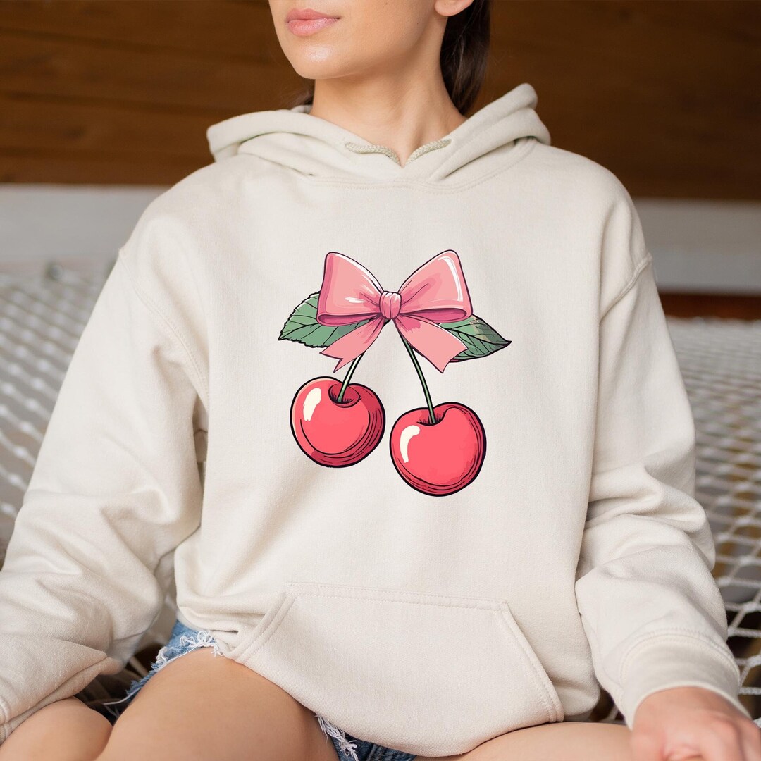 Cherry Bow Hoodie, Red Cherry Bow Minimalist Hoodie, Cherry Print Bow ...