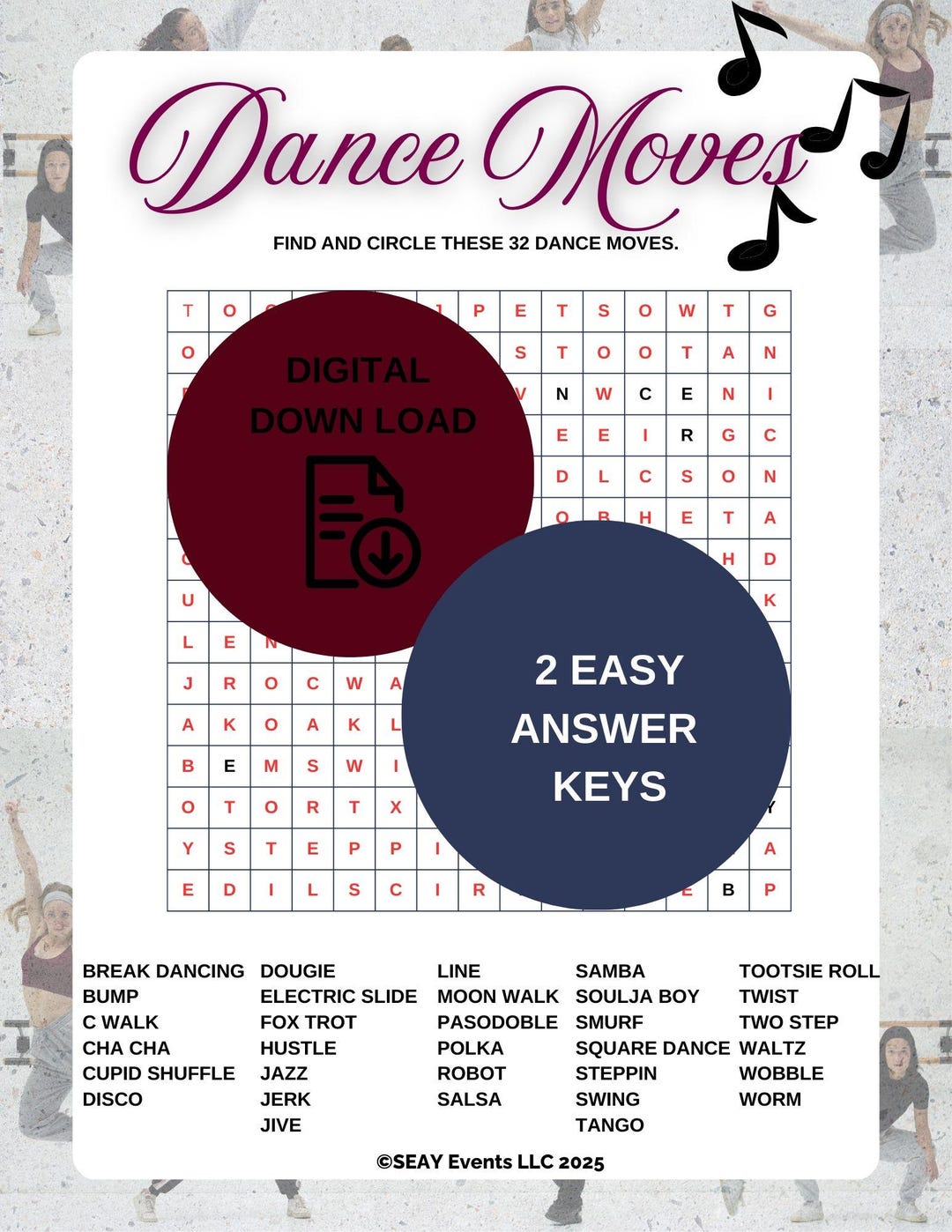 Dance Moves Word Search Puzzle - Etsy UK