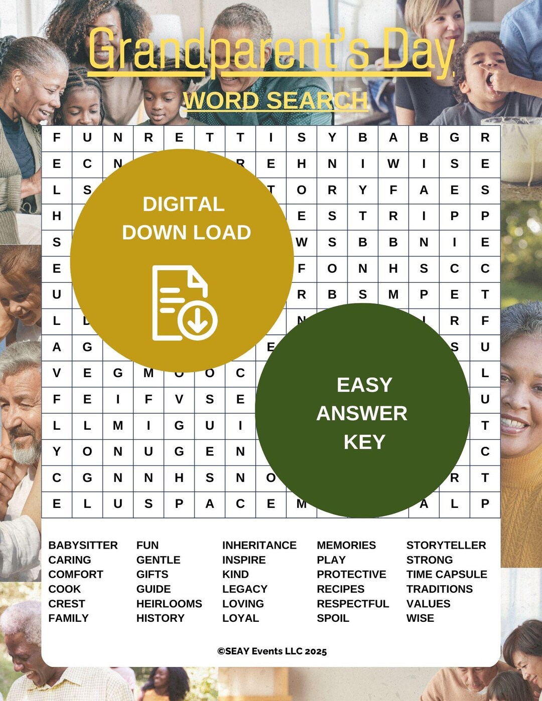 Grandparent's Day Word Search Puzzle: 30 Words (PDF Downloadable Sheets ...