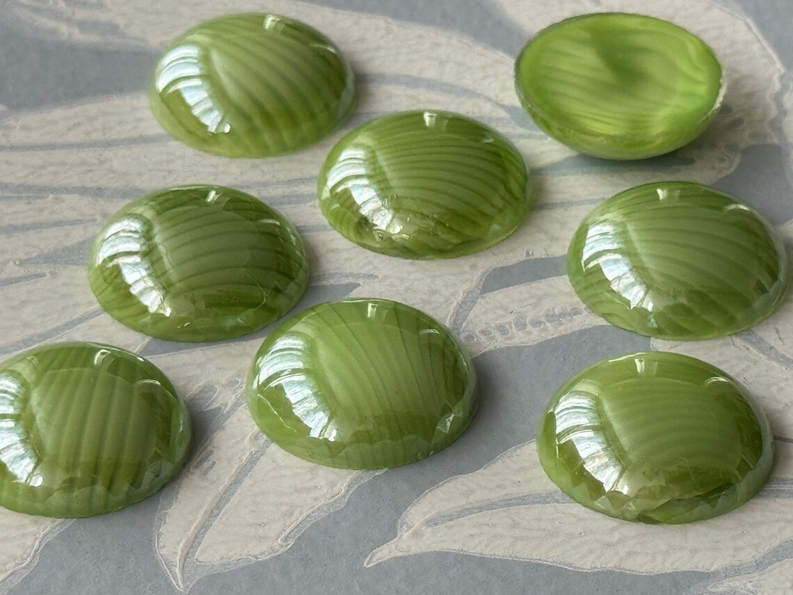 Vintage Glass Cabochons 24mm Moss Green Shinny Wavy Stripes Flat-back ...