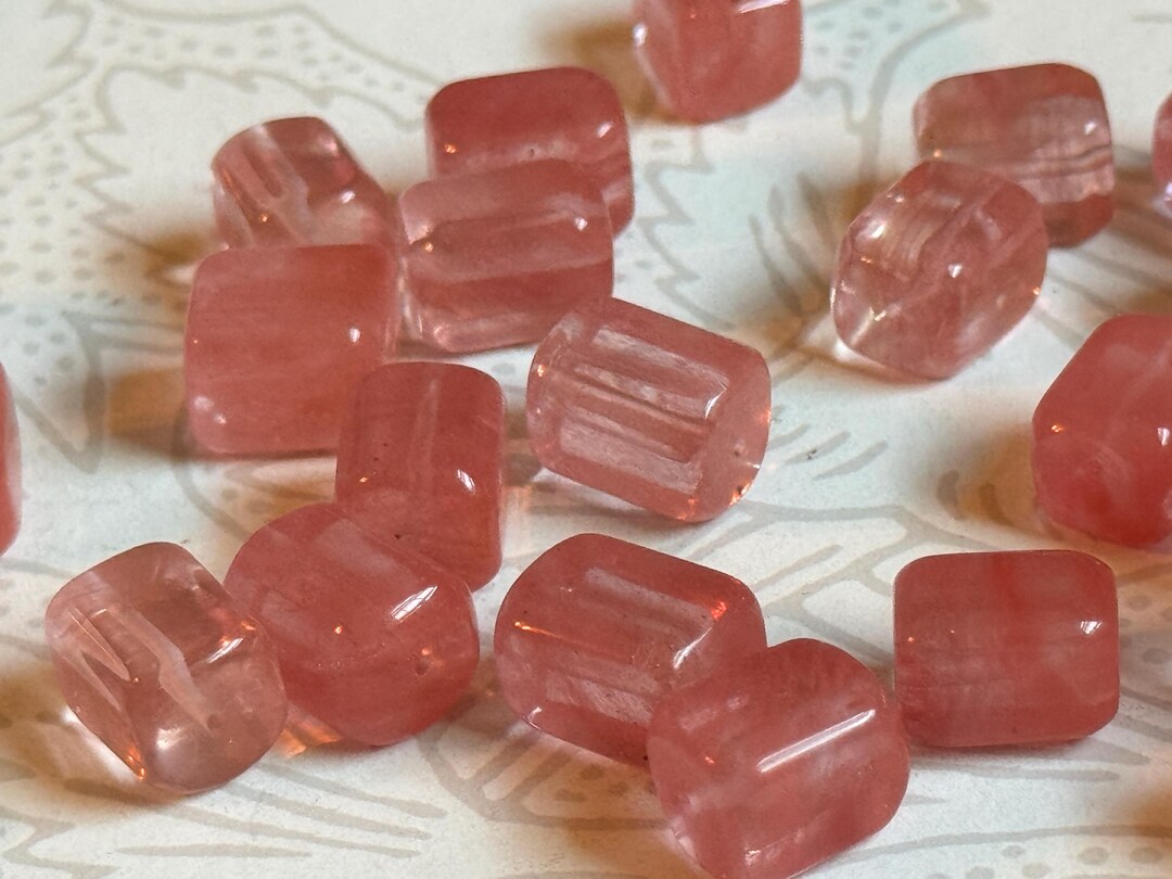 12 - Vintage Glass Beads 13/10mm Four Sided Pale Coral Red Translucent ...