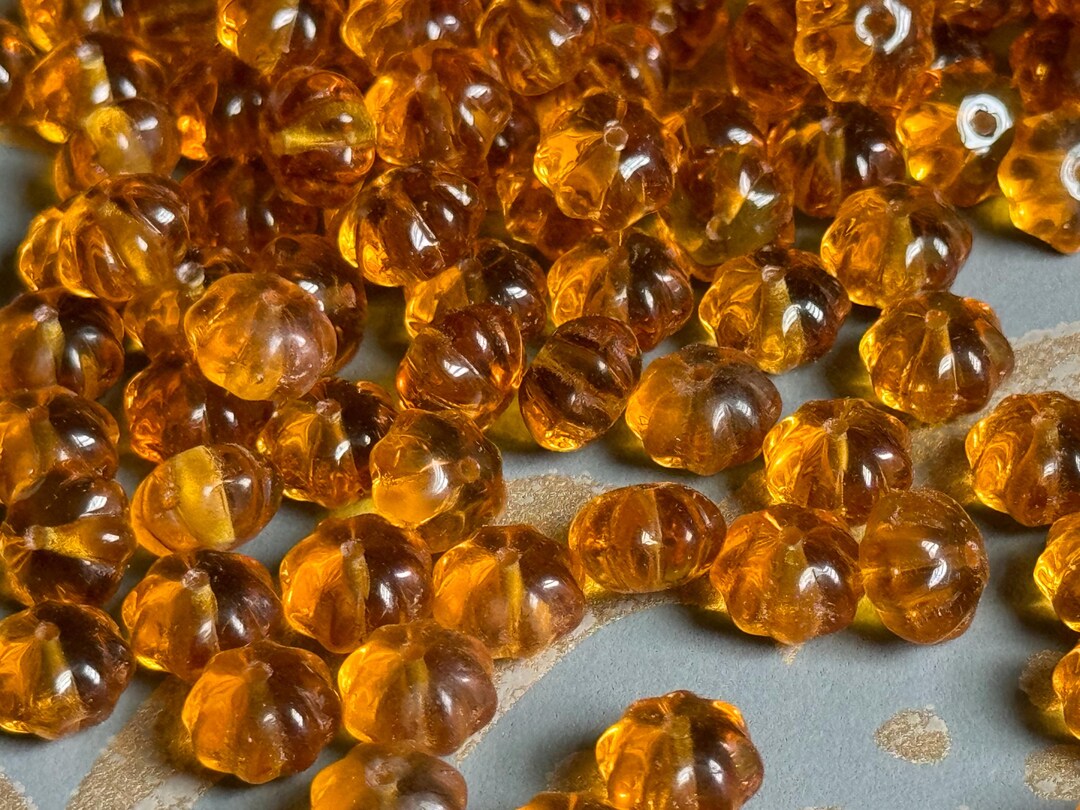 Vintage Antique Glass Beads 8/6mm Topaz Amber Smushed Fluted Egyptian ...