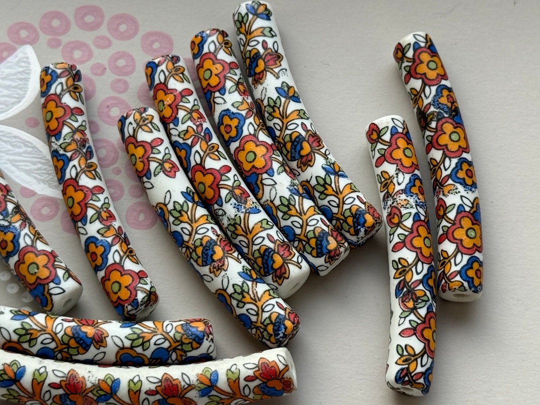 3 - Vintage Glass Beads Floral Long Decal Curved Beads 53/9mm - Etsy