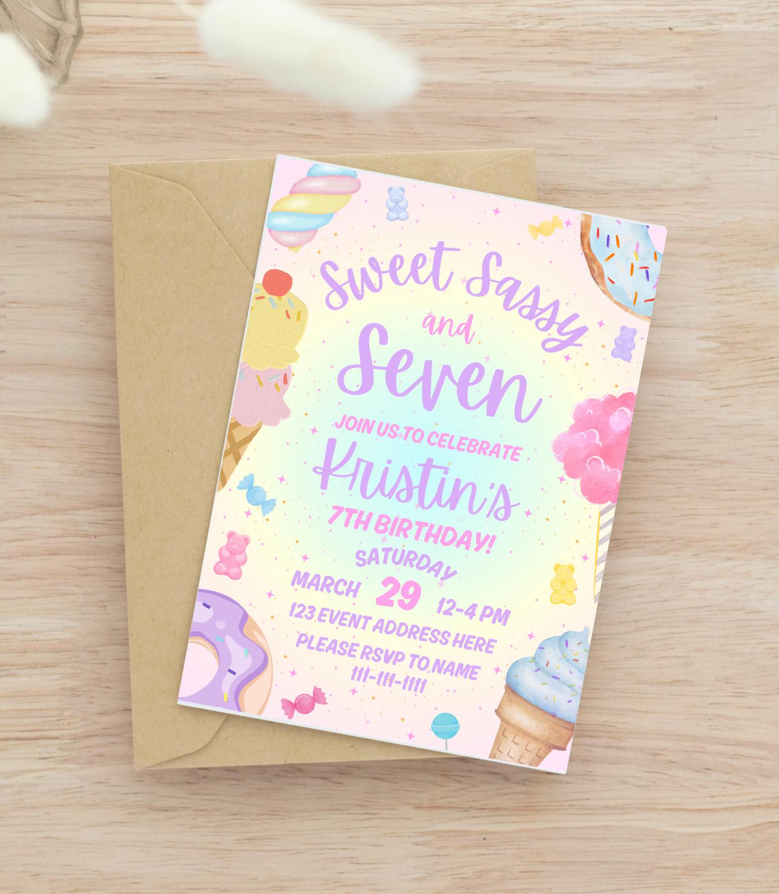 EDITABLE, Sweet, Sassy, and SEVEN Invitation Template, Digital Invite ...