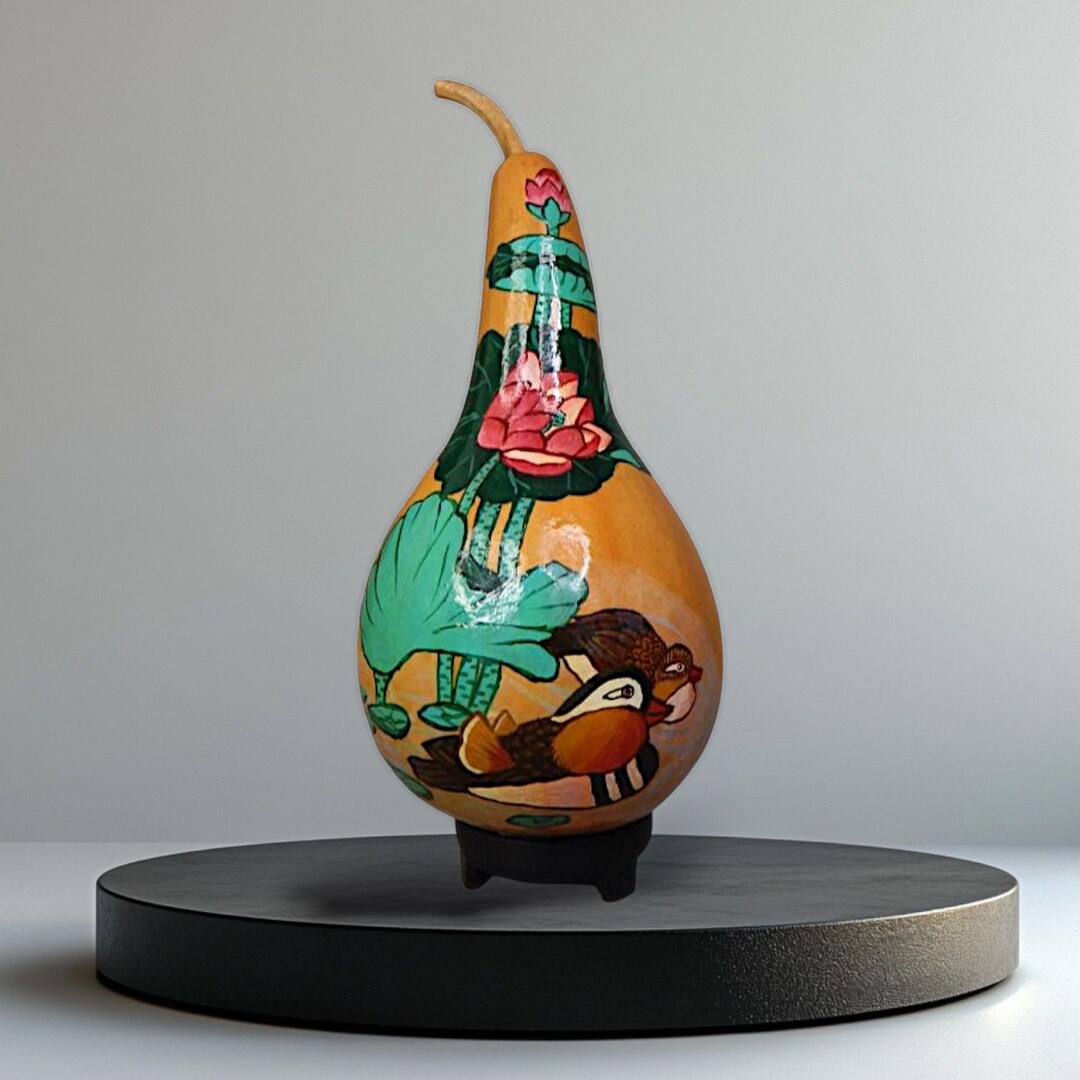 Handmade Painted Gourd Mandarin Ducks and Lotus, Traditional Chinese ...
