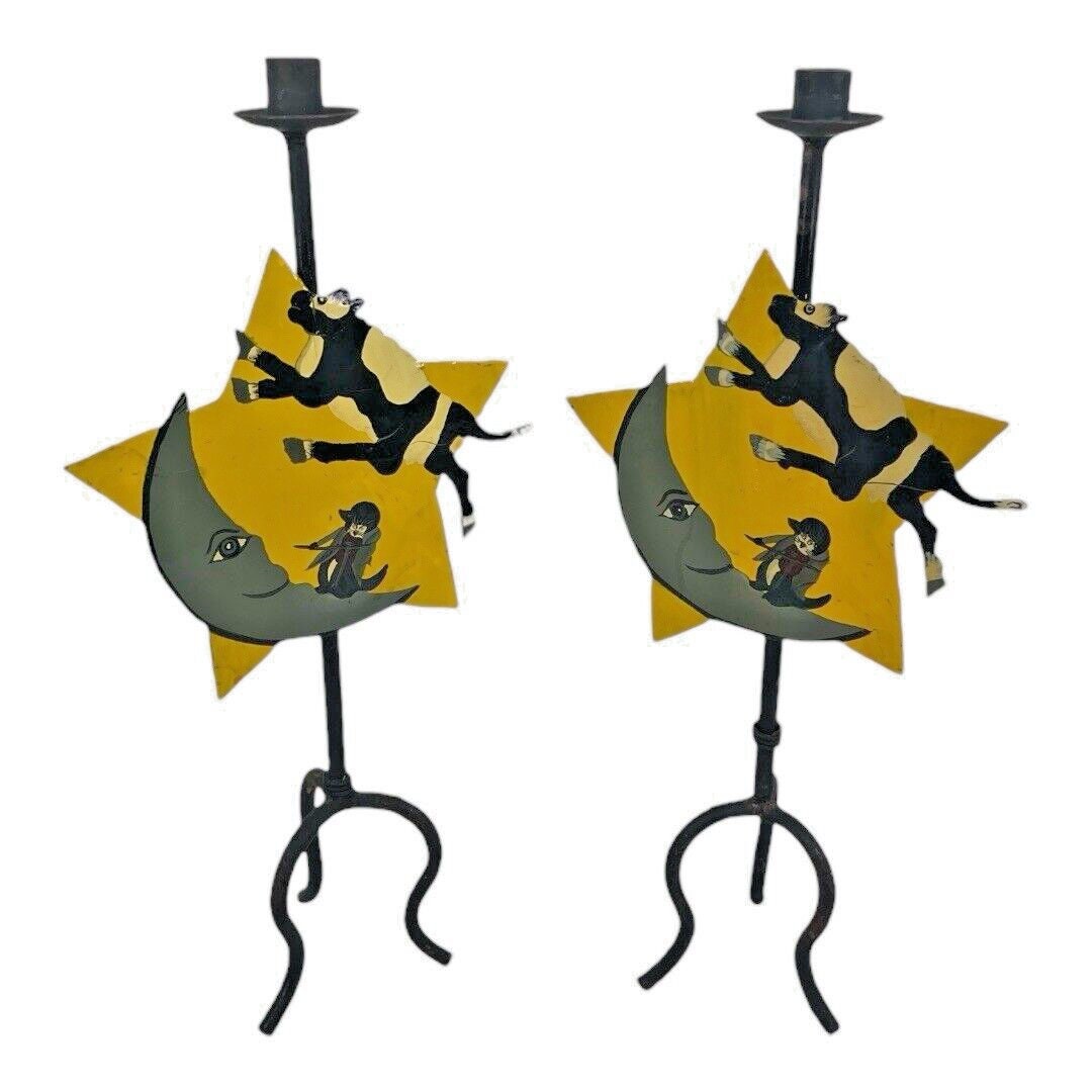 Vtg 18” Cast Iron Hand Painted Flying Cow Over the Moon While Cat Plays ...