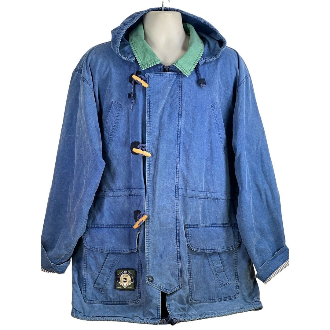 Vtg 90's Boat Works Mans Nautical Denim Detachable Hood Boating Jacket ...