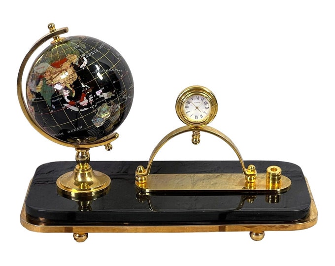 Gemstone Globe Clock and Pen Holder Desk Enemal and Brass Desk Set - Etsy