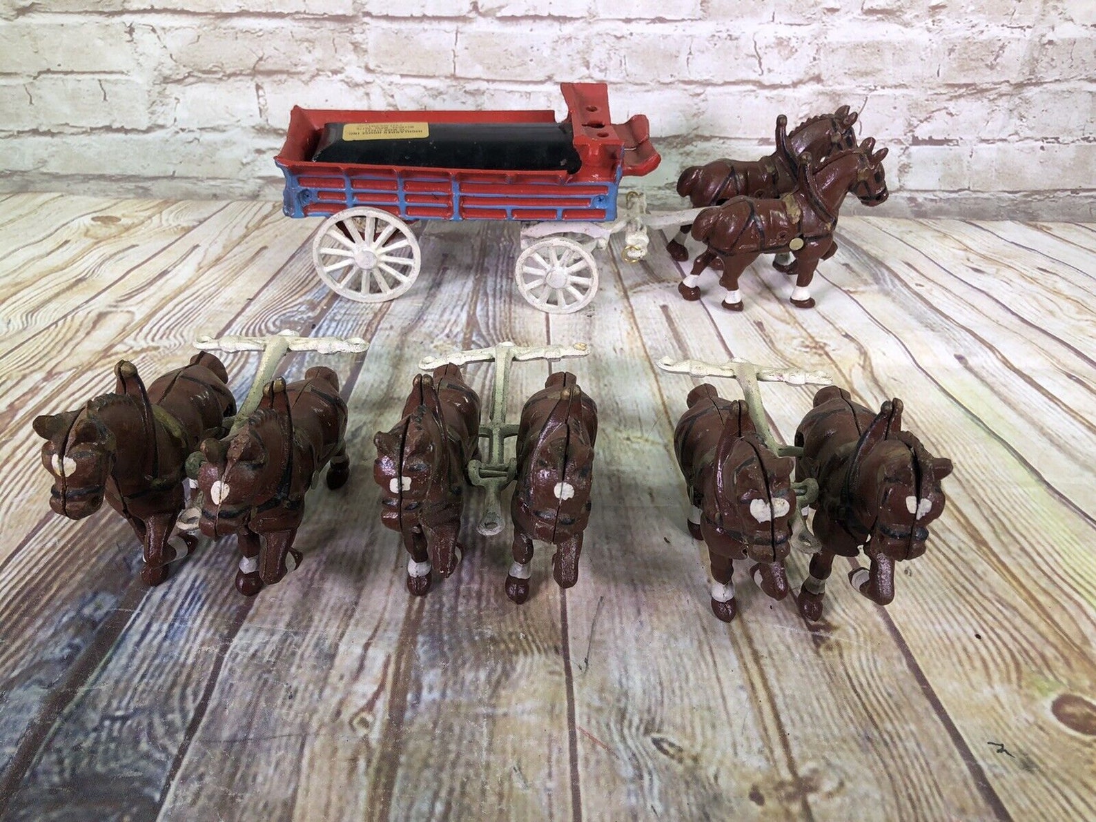Vtg Highlander House Inc. Melrose Mass Cast Iron Red Wagon and 8 Horses ...