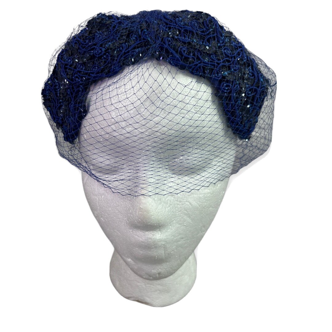Vtg 40's Clover Lane Sequin Mesh Hat Caplet Union Made in USA Navy Blue ...
