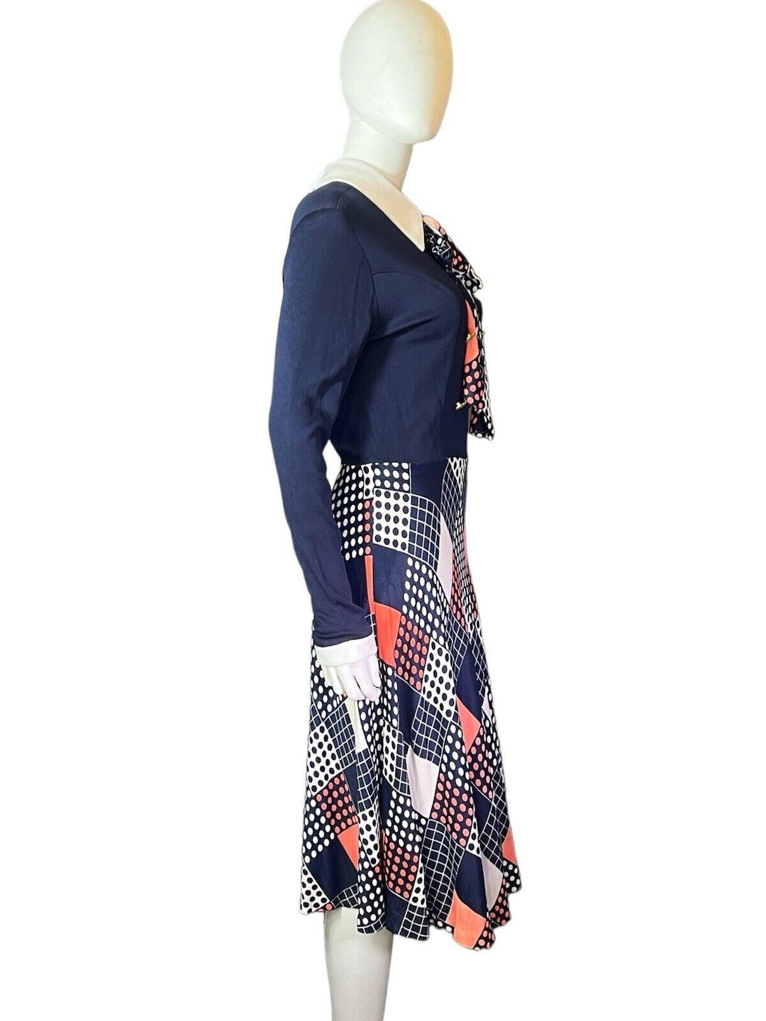Vintage 70s Navy Orange Nautical Gold Button Secretary Fit Flair Dress ...