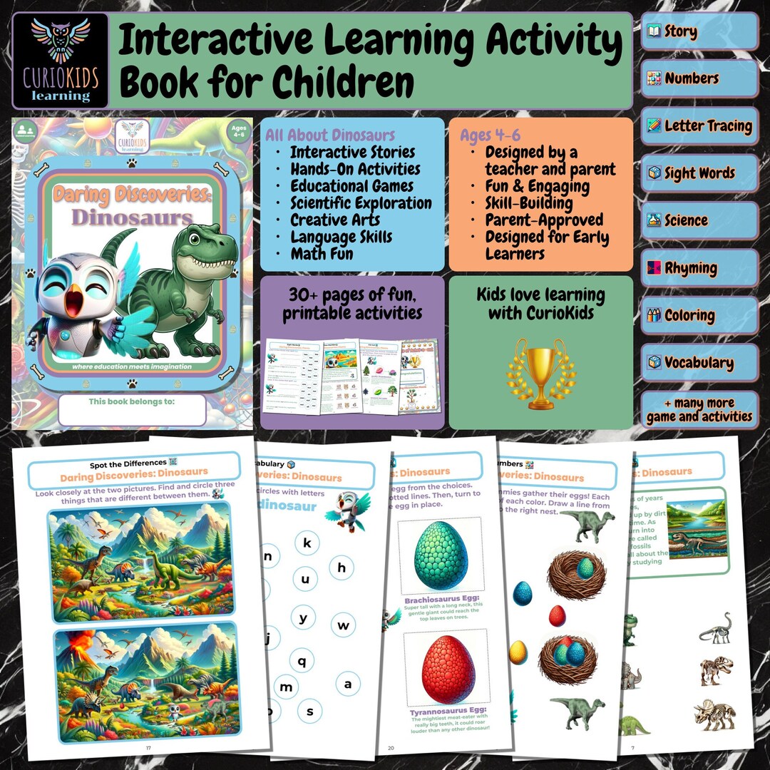 Interactive Dinosaur Activity Book for Kids, Montessori Kindergarten ...