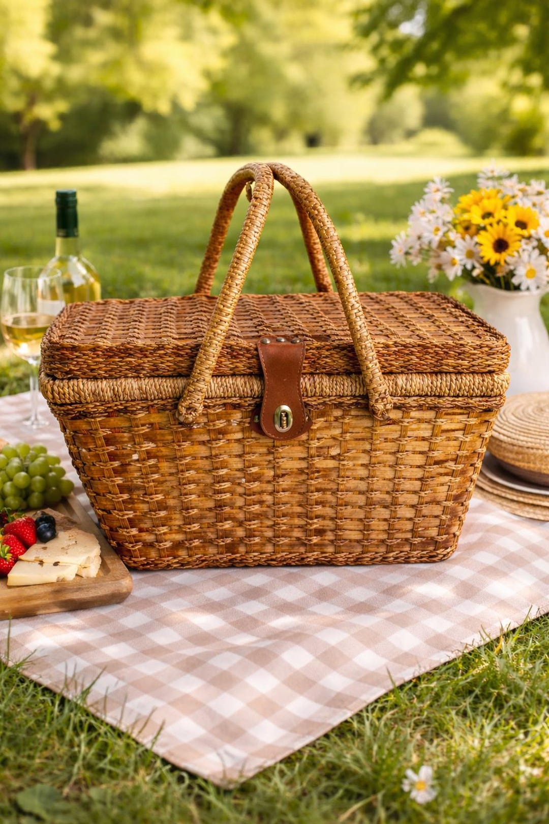 Vintage Wicker Picnic Basket With Insulated Liner and Leather Straps - Etsy