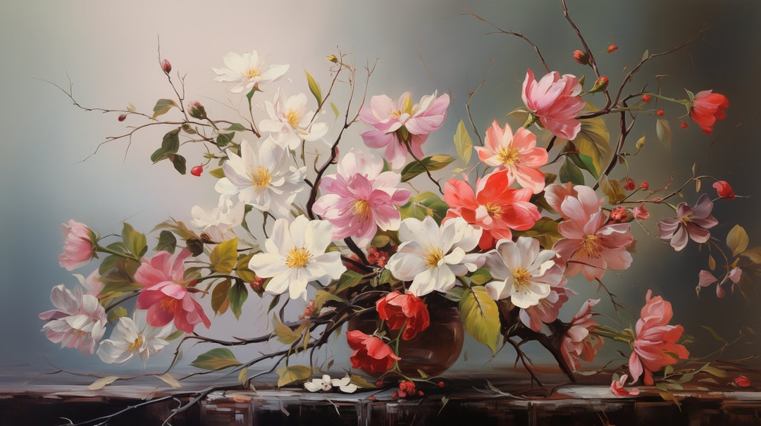 Oil Painting of Spring Flowers on a Wooden Table in a High Resolution ...