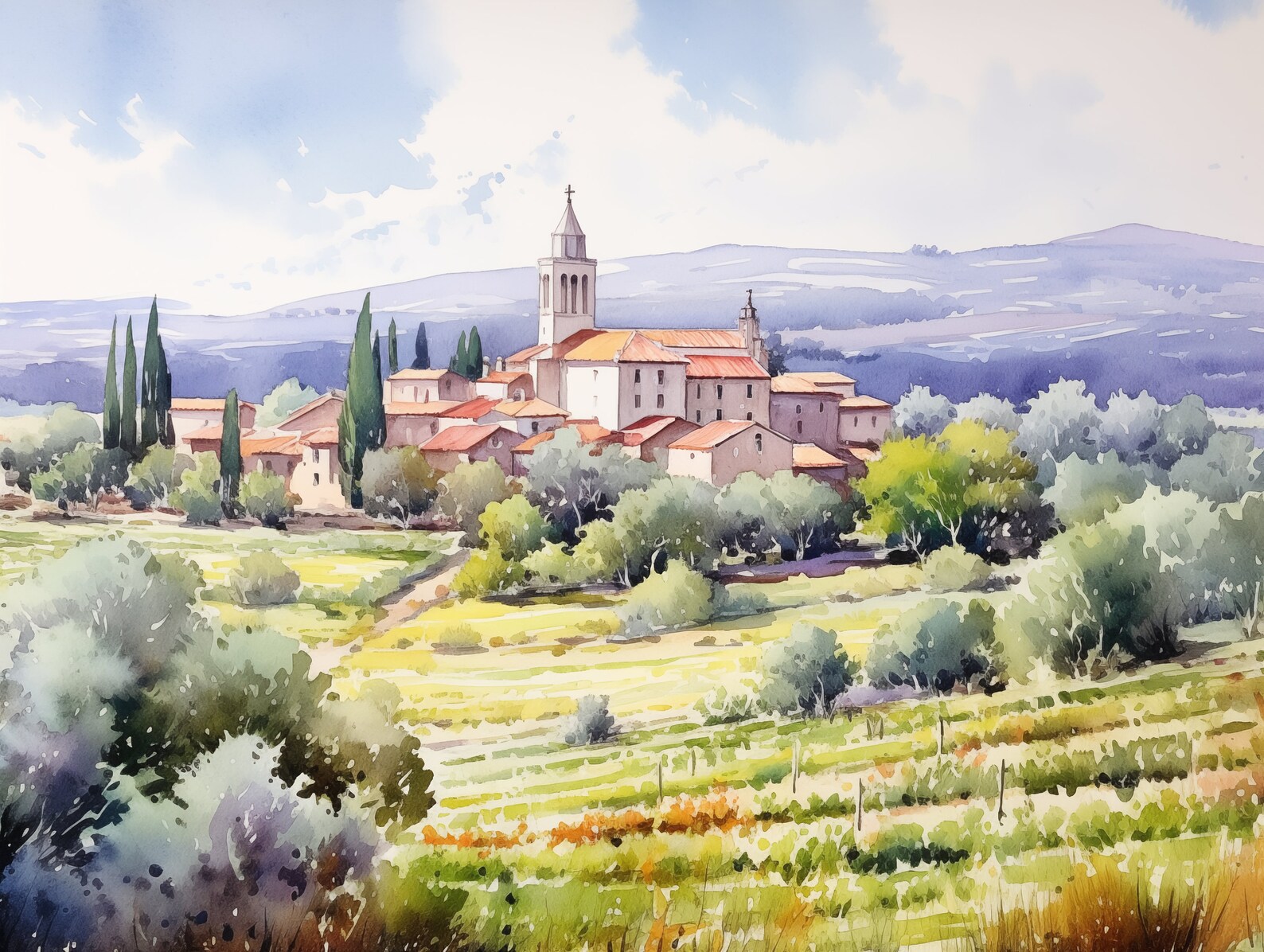 Watercolour Painting of Provence Village With Hills Rising in the ...