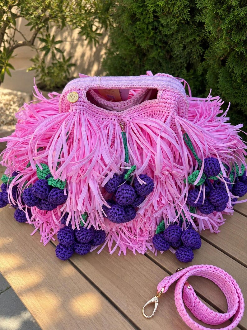 Pink Raffia Bag With Grapes, Crochet Fringe Handbag, Vineyard Style ...