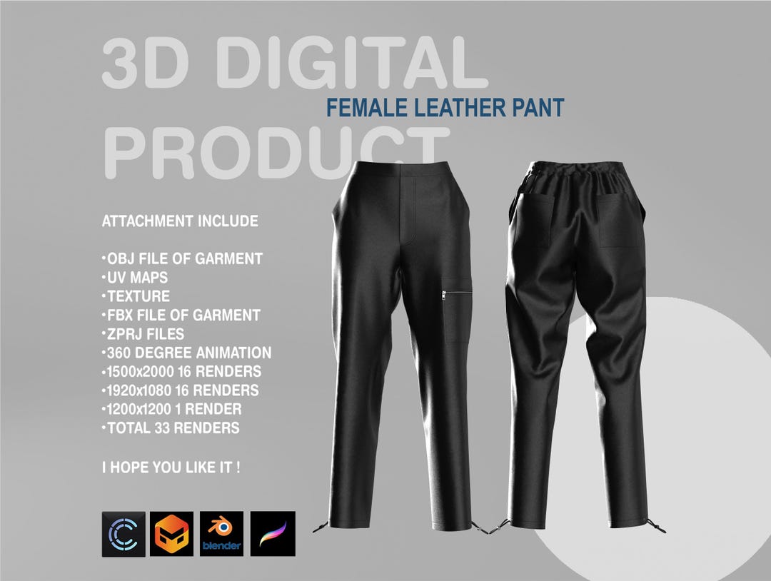 3D Female Leather Pant - Clo3d - Digital - Blender - 3D Digital Garment ...