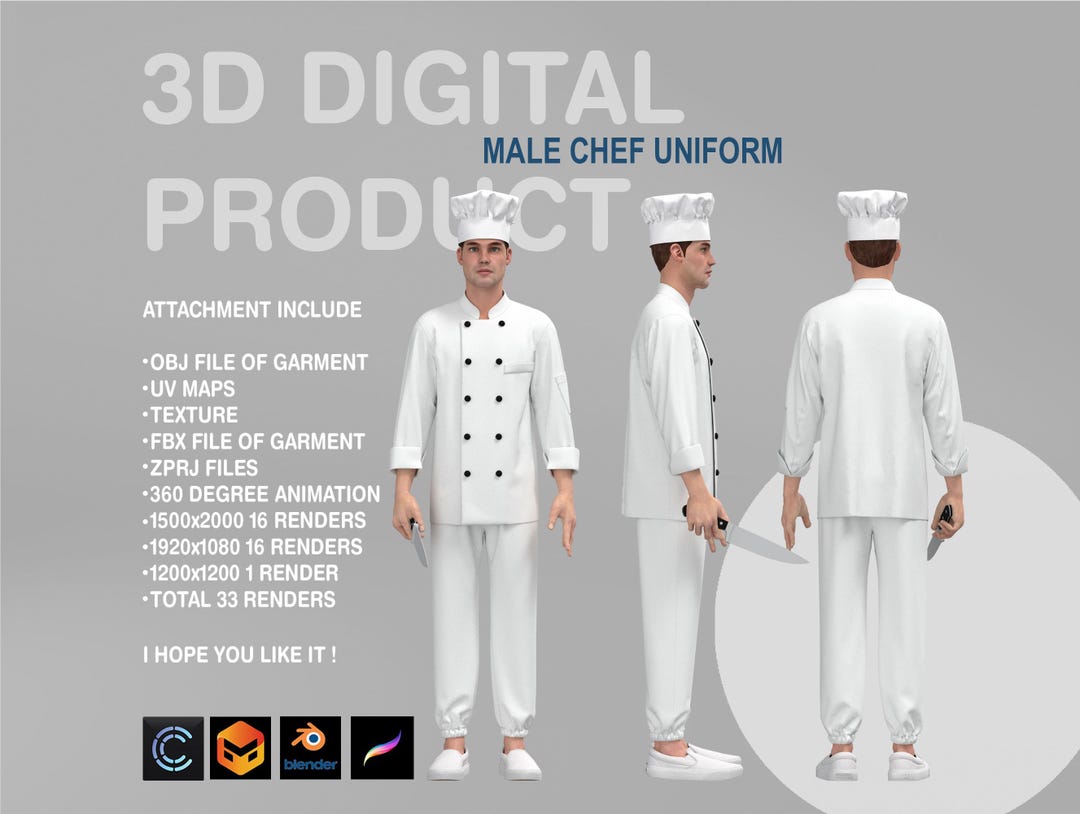 3D CHEF UNIFORM - CLO3D - DIGITAL -3D Chef Jacket-3d Chef Hat-3d ...