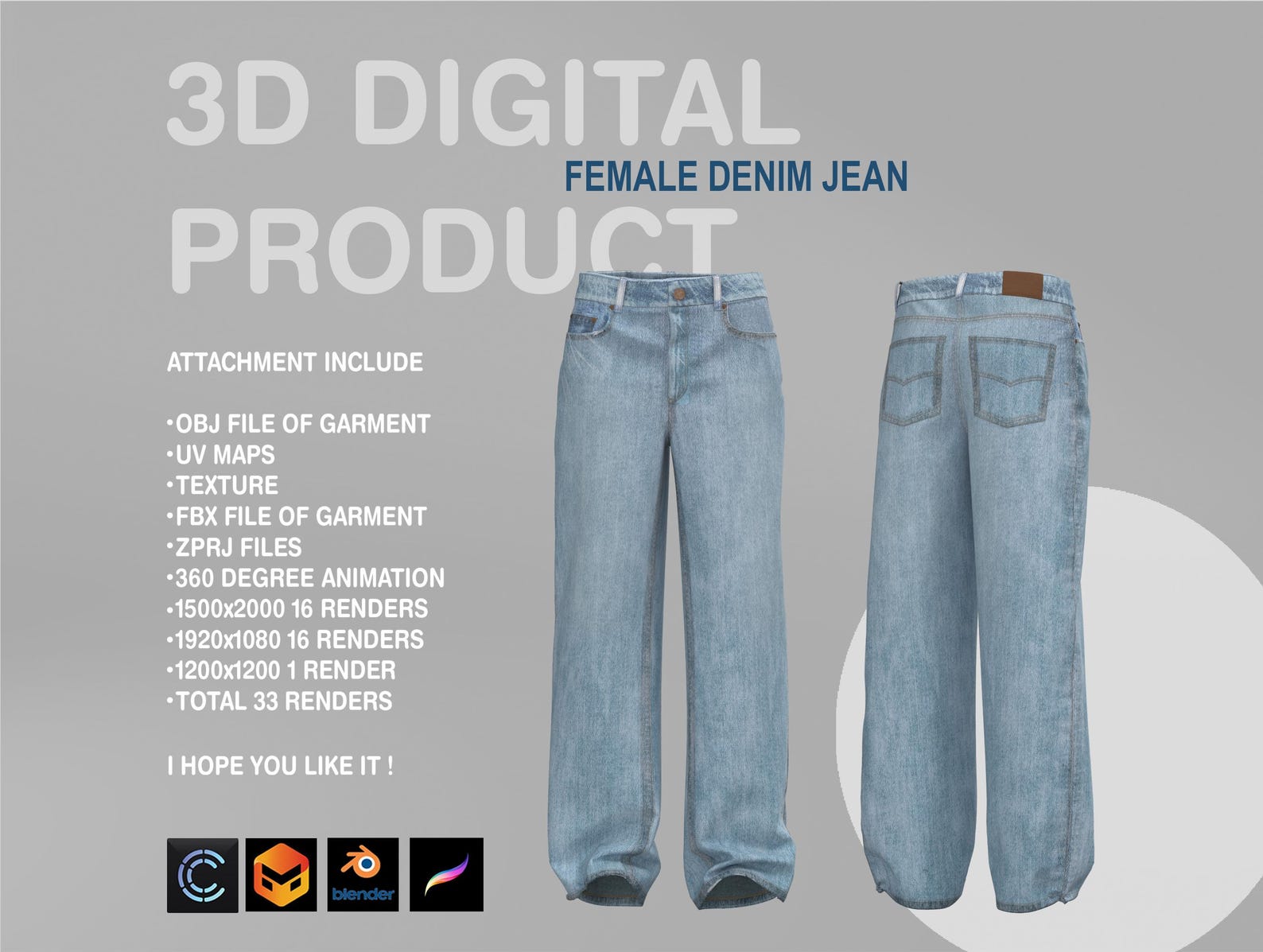 3D FEMALE DENIM JEAN - CLO3D - Procreate Obj - Blender - Jeans - Denim ...