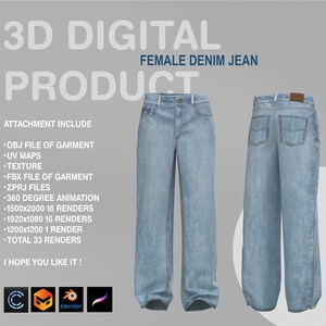 3D FEMALE DENIM JEAN - CLO3D - Procreate Obj - Blender - Jeans - Denim ...