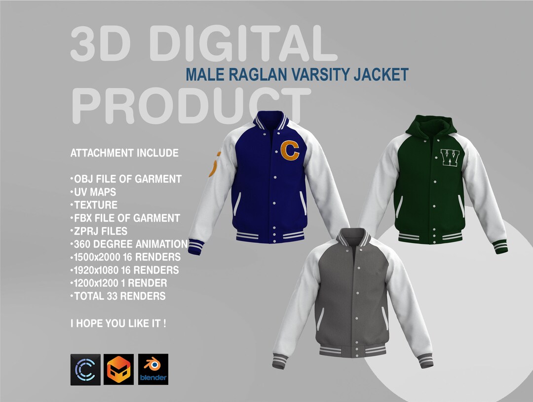 3D Raglan Varsity Jacket: Digital Garment (obj, Fbx, Zprj) - Etsy