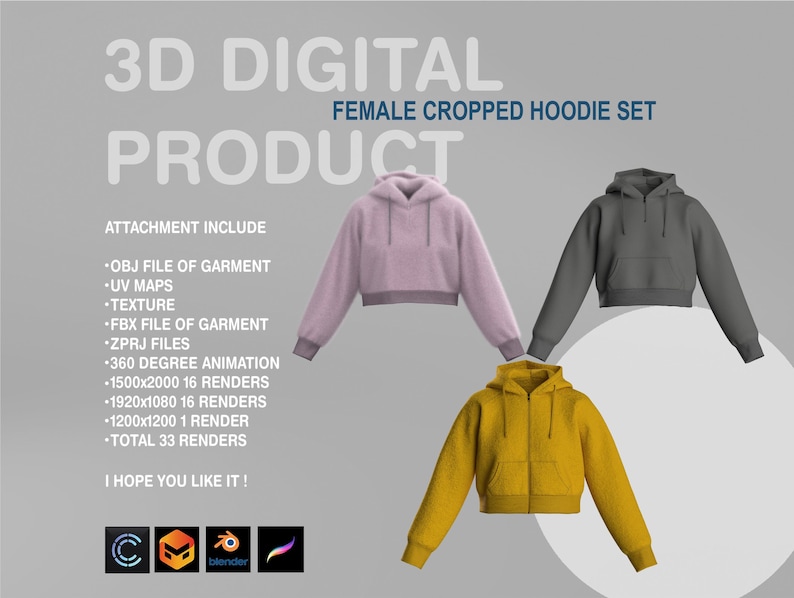 3D CROP HOODIE - Cropped Hoodie - Procreate Obj - Blender - Clo3d ...