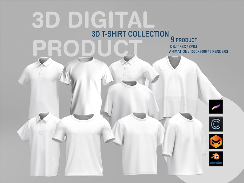 3D T-shirt Collection – 9 Customizable Models for CLO3D, Procreate ...