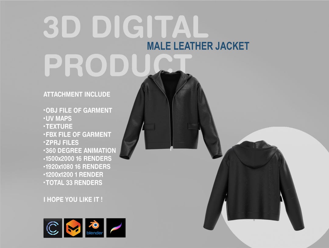 3D Male Leather Jacket - CLO3D - Digital - Procreate Obj - Blender - 3D ...