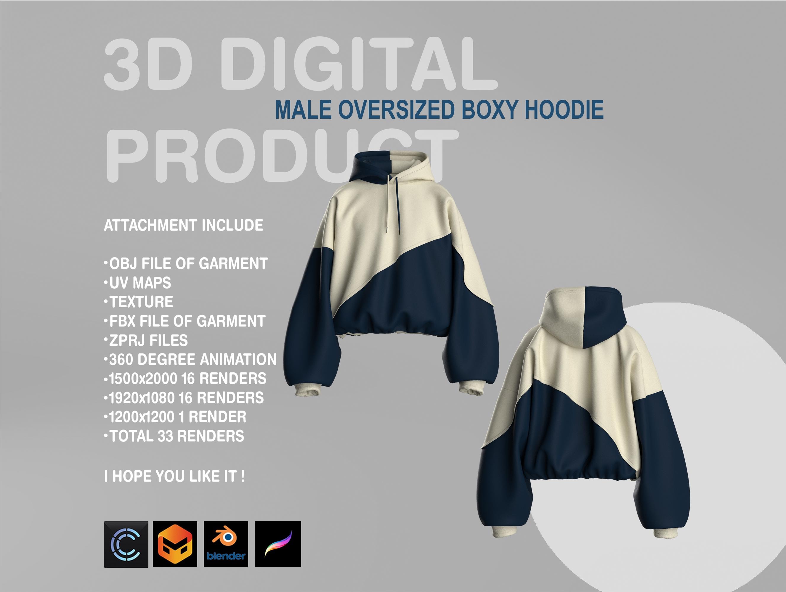 3D Male Boxy Oversized Hoodie - Clo3d - Digital - Procreate Obj ...
