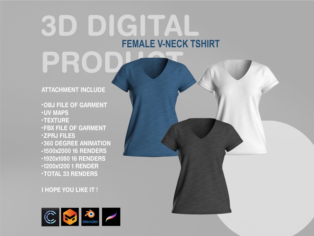 Camiseta 3D con escote en V para mujer Clo3D Procreate obj Blender ...