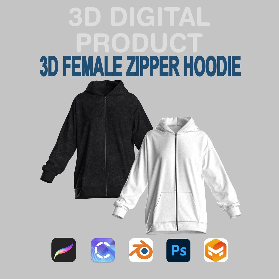 3D Female Zipper Hoodie – CLO3D & Procreate Customizable Digital ...