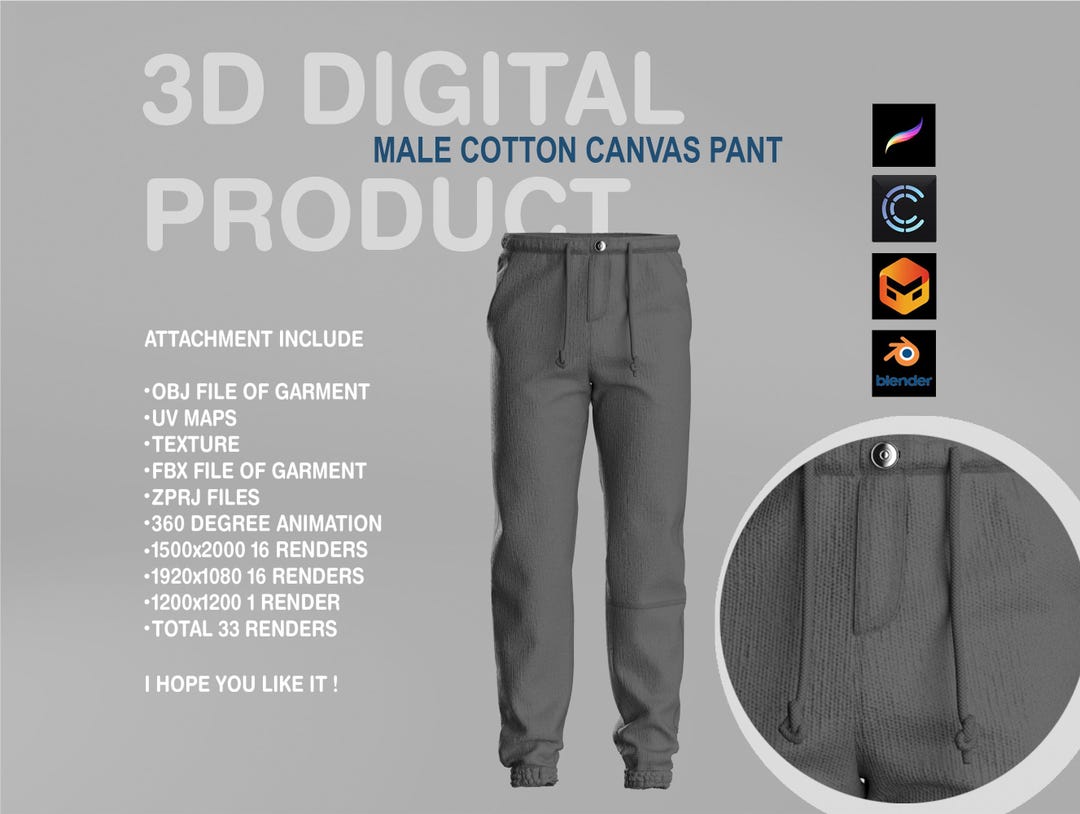 3D Male Cotton Canvas Pant - CLO3D - Procreate Obj - Blender - DIGITAL ...