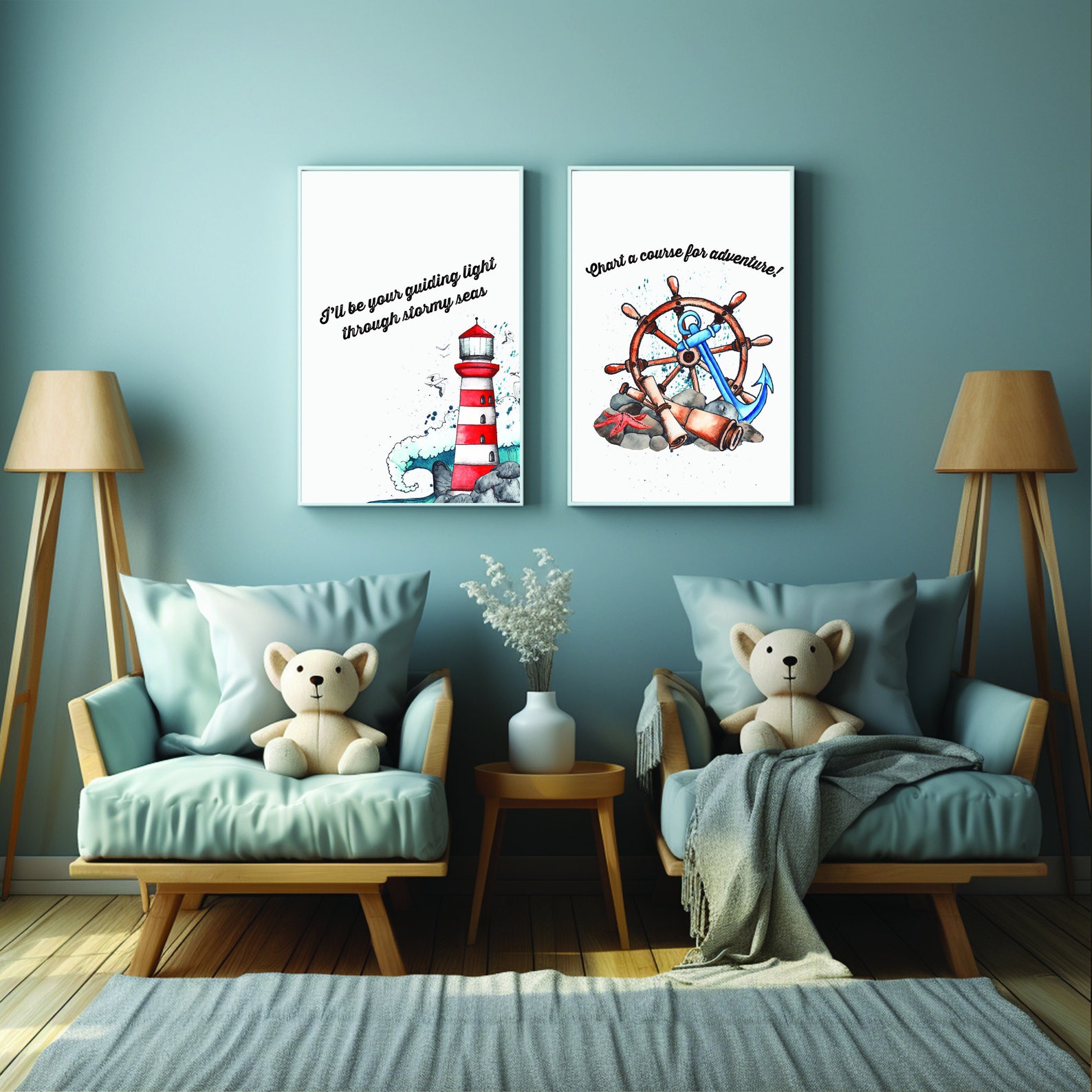 Nautical Nursery Wall Art Decor, Set of 3, Lighthouse Decor, Nautical Themed Nursery, Watercolor ...