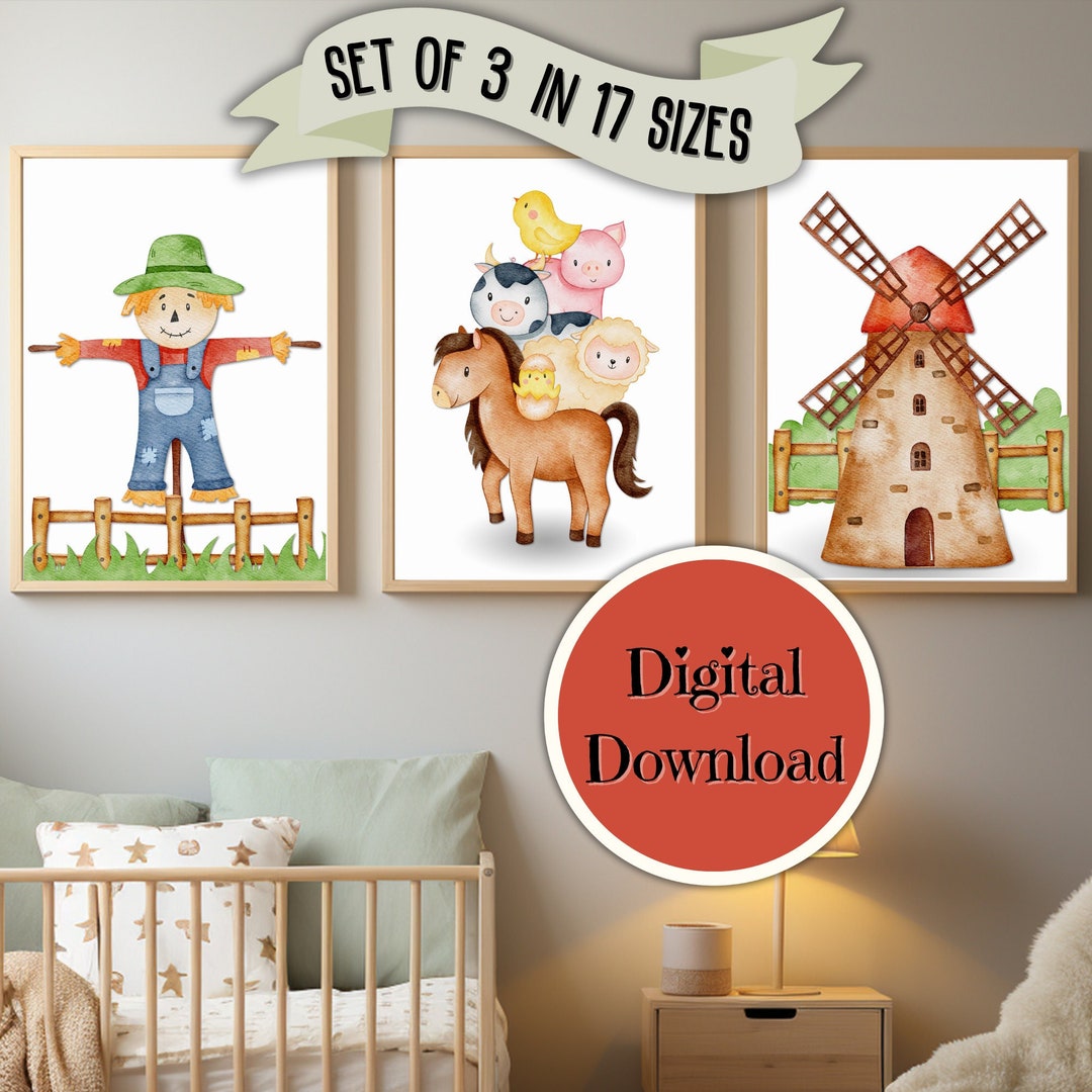 Farm Animal Nursery Wall Art Printable: Stacked Farm Animal Triptych ...