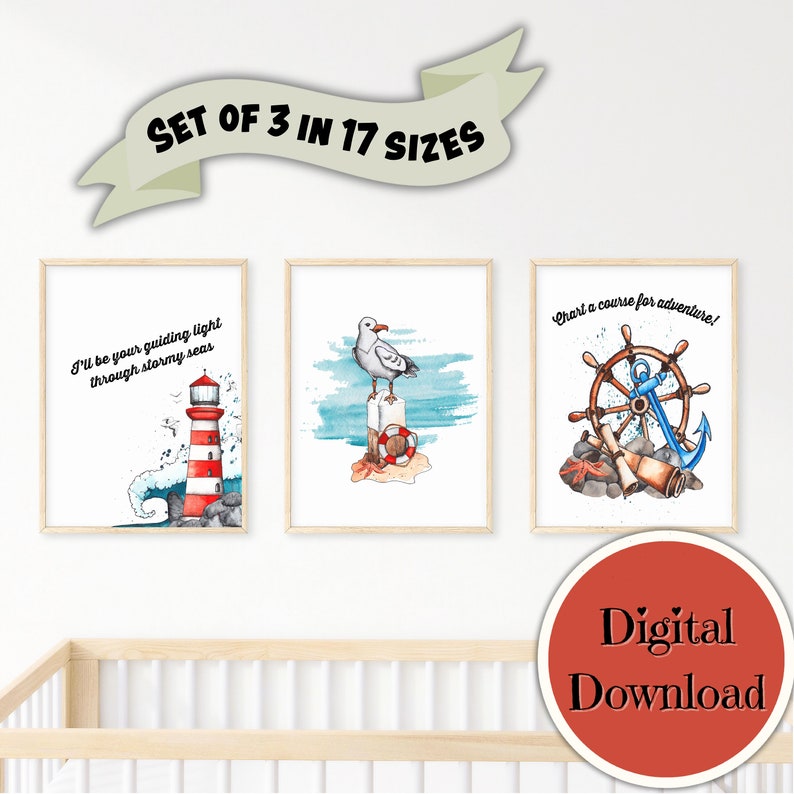 Nautical Nursery Wall Art Decor, Set of 3, Lighthouse Decor, Nautical Themed Nursery, Watercolor ...