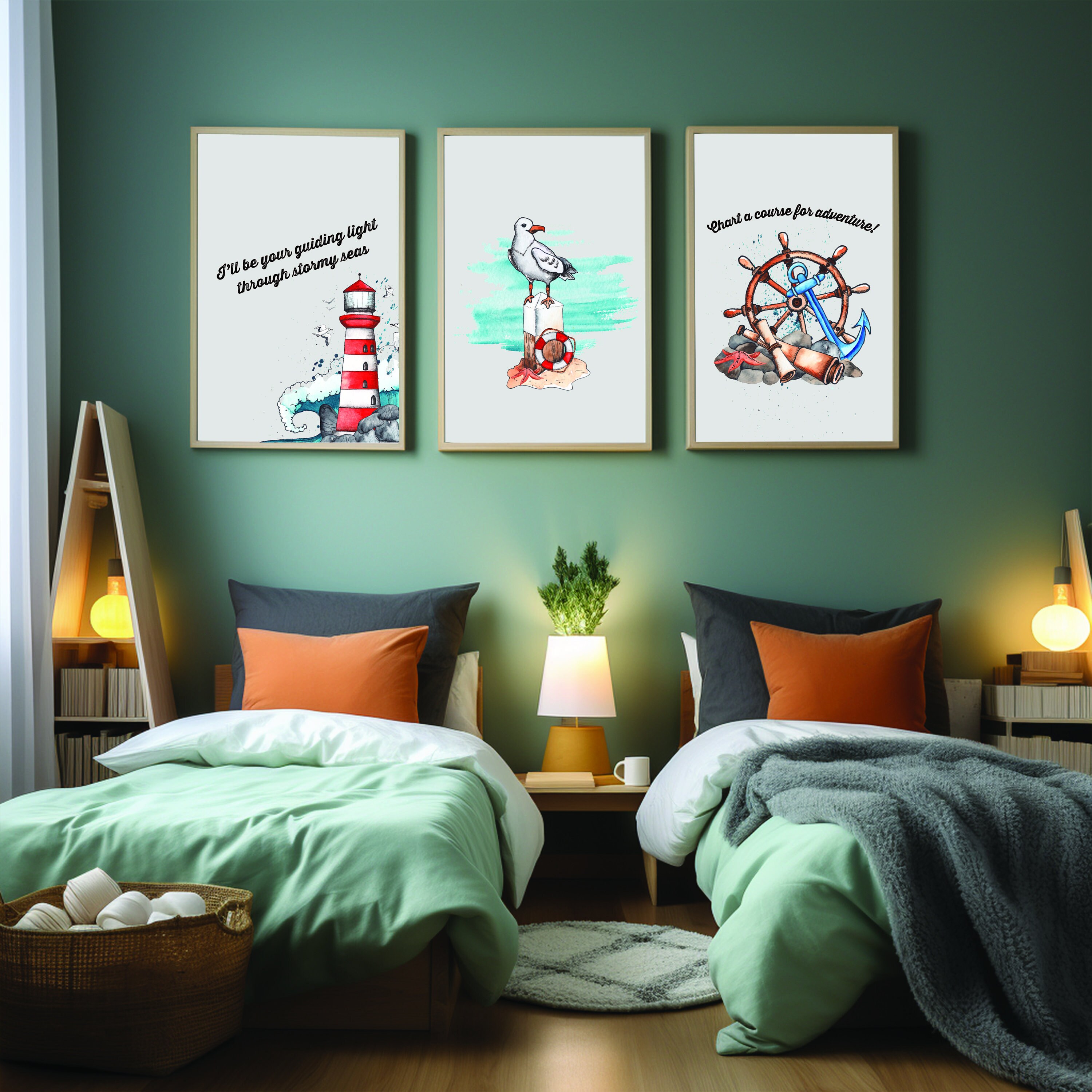 Nautical Nursery Wall Art Decor, Set of 3, Lighthouse Decor, Nautical Themed Nursery, Watercolor ...
