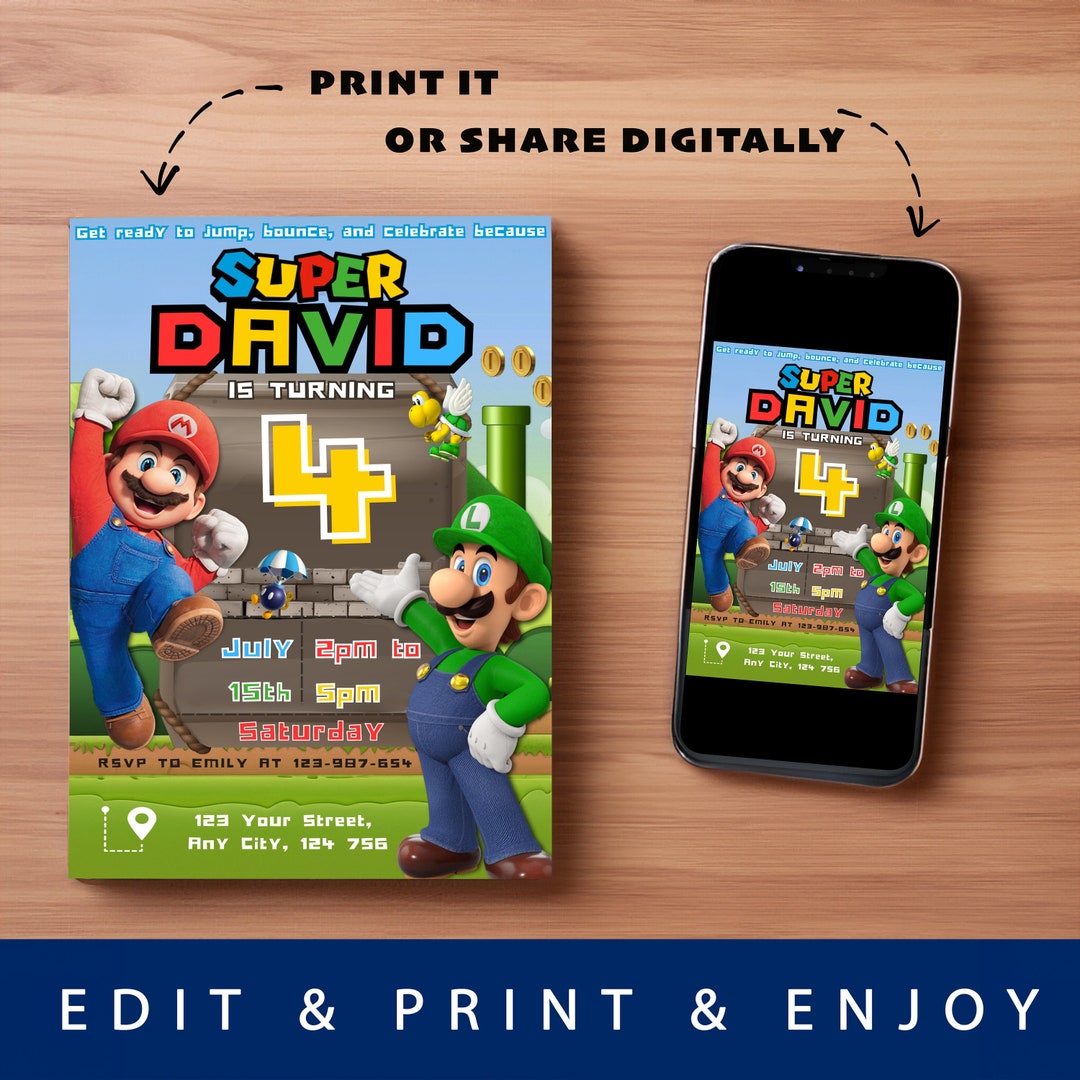 Invitación de cumpleaños de Super Mario, invitación de Mario, Super ...