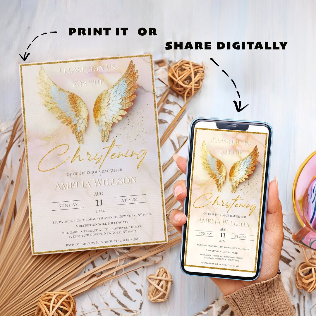 Golden Christening Invite, Baptism Invitation for Girl Beautiful Angels ...