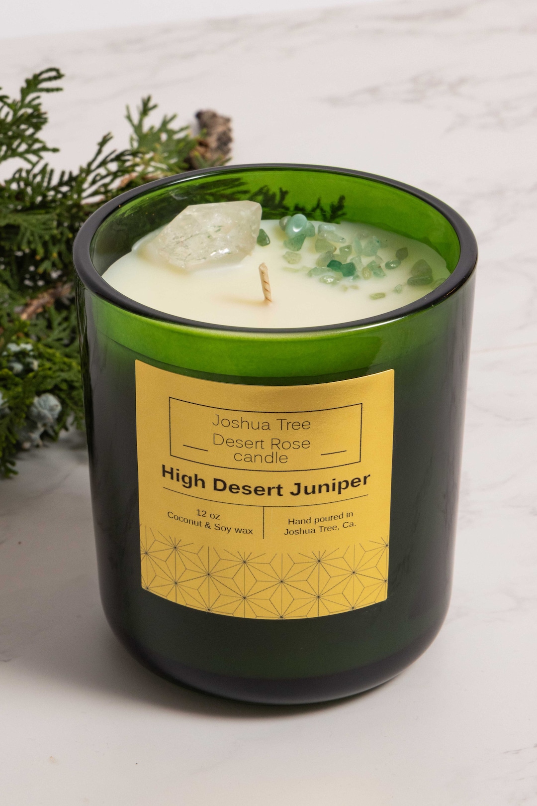 Joshua Tree Juniper Candle: Desert Rose Scent, Green Aventurine Crystal ...
